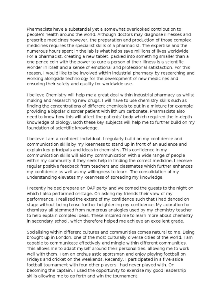 Pharmacy Personal Statement Example | PDF | Pharmacy | Medicine
