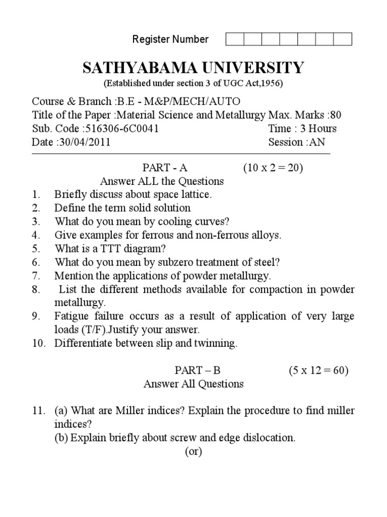 Material Science Exam Paper 2011 | PDF | Mineralogy | Chemical Engineering
