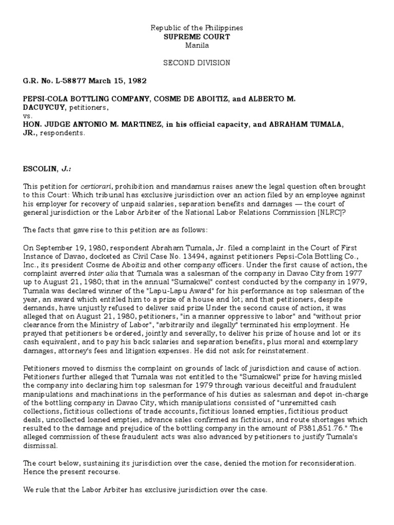 Pepsi vs. Martinez | PDF | Labour Law | Jurisdiction