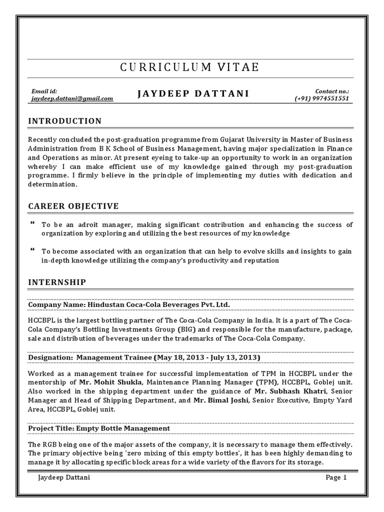 Curriculum Vitae Jaydeep Dattani | PDF | Coca Cola | Business