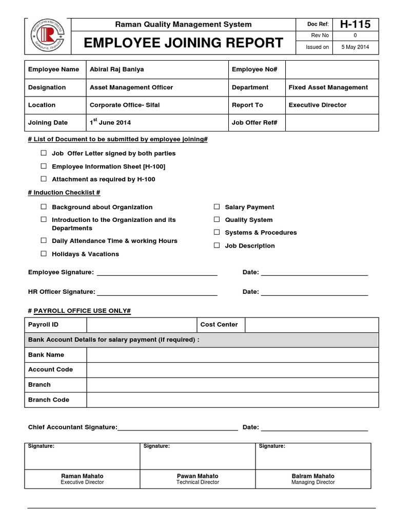 Employee Joining Report for Abiral Raj Baniya | PDF