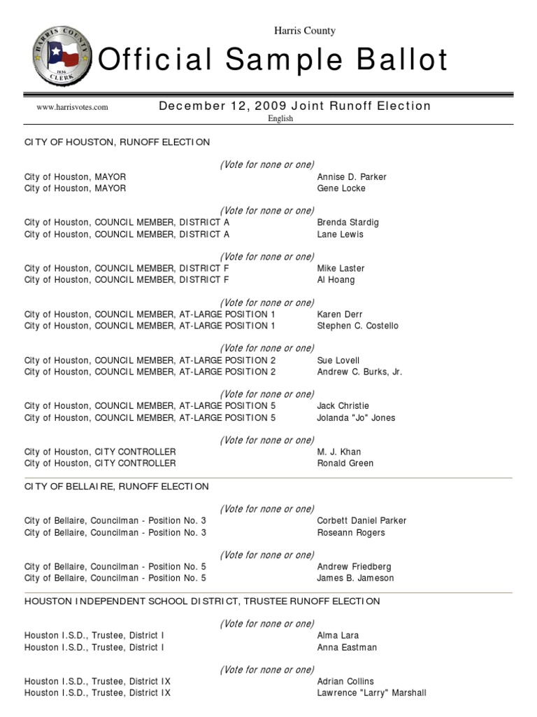 Harris County 2009 Runoff Election Ballot | PDF