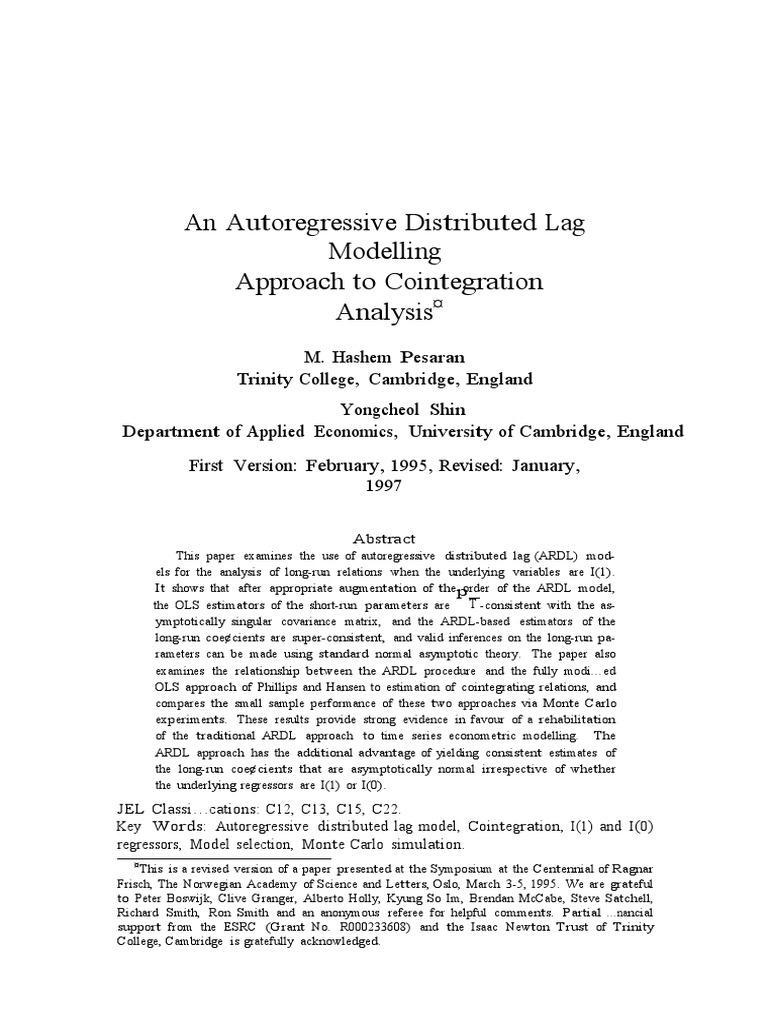 An Autoregressive Distributed Lag Modelling Approach To Cointegration Analysis | PDF | Estimator ...