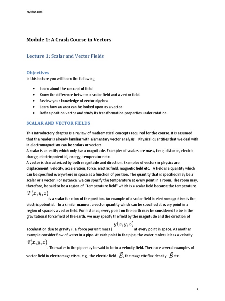Module 1 A Crash Course In Vectors Lecture 1 Scalar And Vector Fields Pdf Euclidean