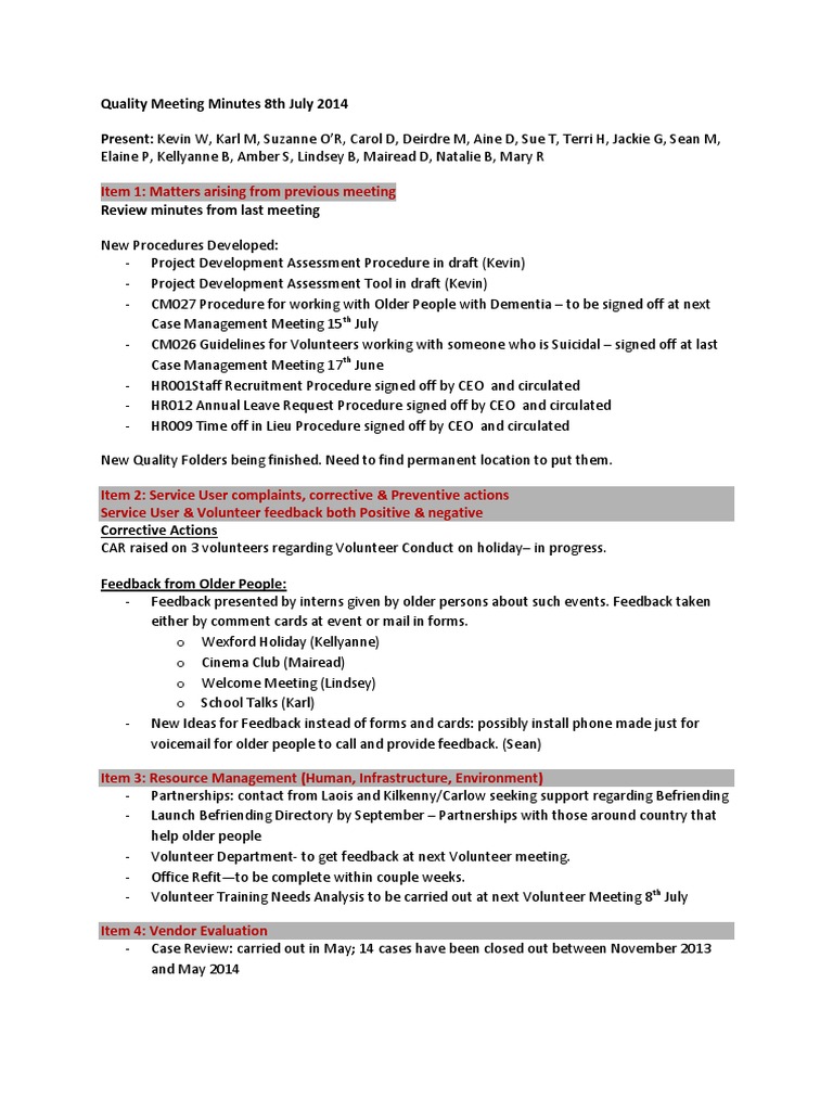 Quality Meeting Minutes | PDF | Internal Audit | Volunteering