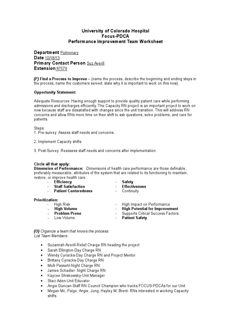 focus pdca worksheet | Quality | Health Economics