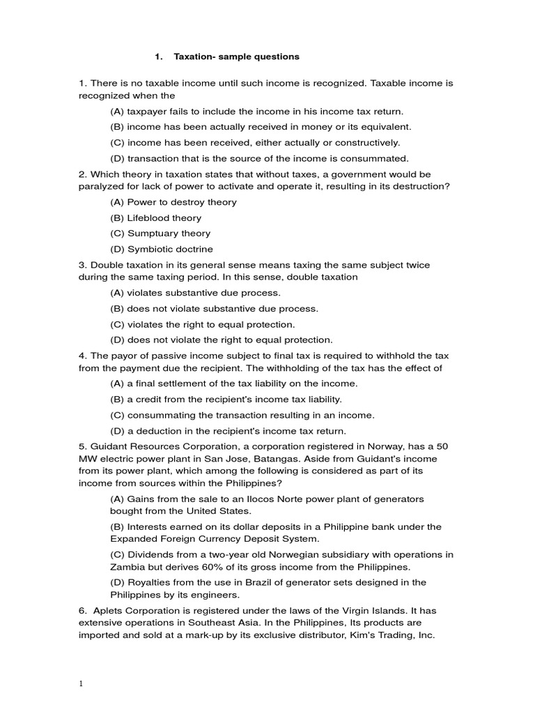 Taxation Sample Questions and Answers | PDF | Taxation In The United ...