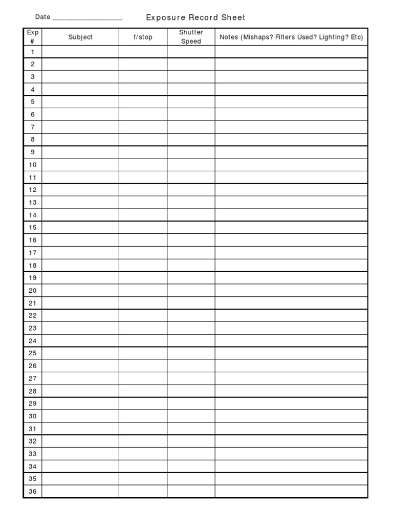 Photography Exposure Record Sheet | PDF