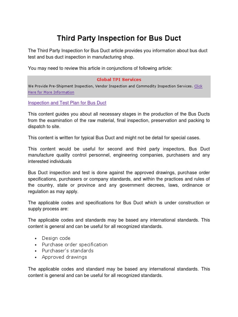Third Party Inspection For Bus Duct | PDF | Duct (Flow) | Specification (Technical Standard)