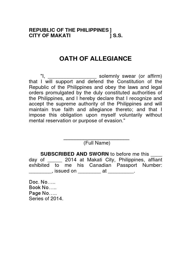 Oath of Allegiance: Republic of The Philippines) City of Makati) S.S | PDF