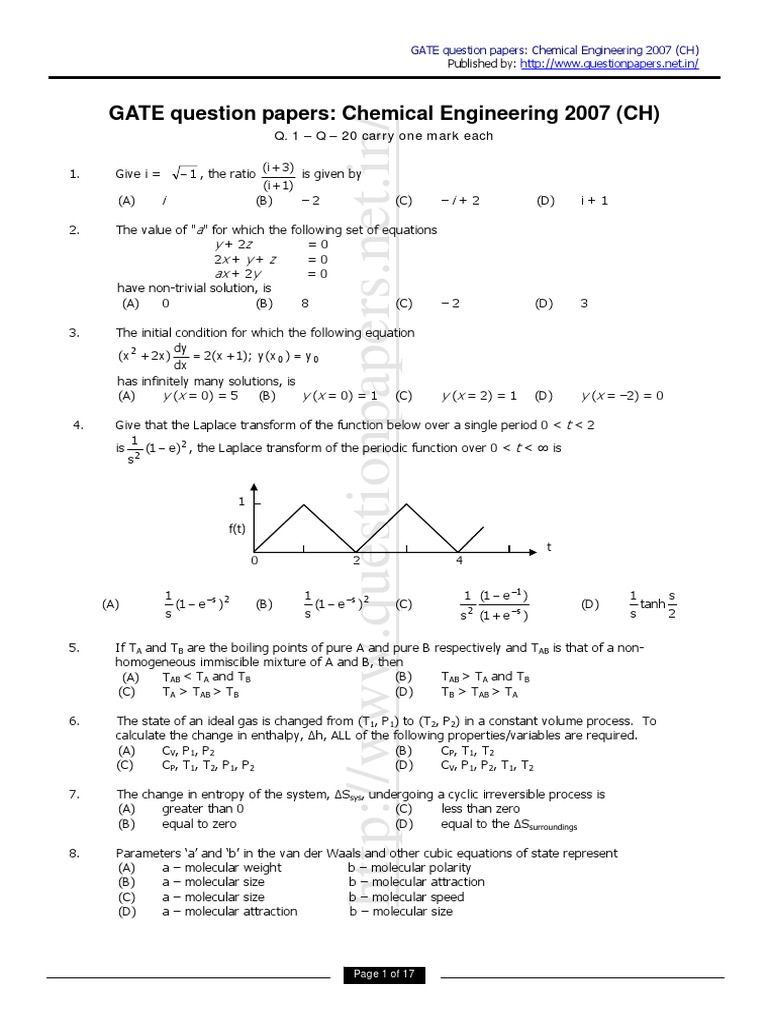 Gate Question Papers Chemical Engineering 2007 | PDF | Chemical Reactor ...