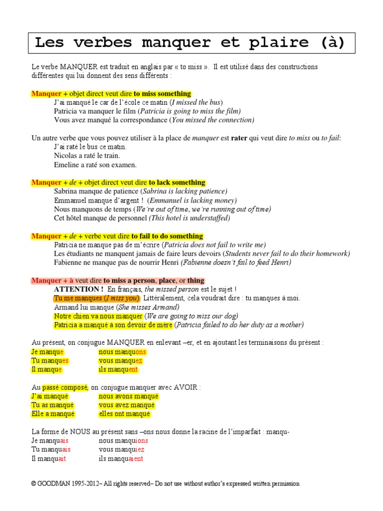 French 221 Les Verbes Manquer Et Plaire - Leçon | PDF | Règles | Syntaxe