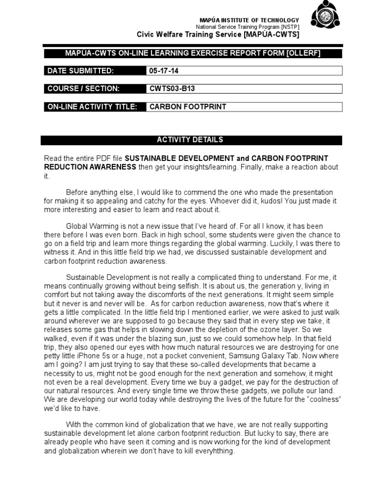 Mapúa-Cwts On-Line Learning Exercise Report Form (Ollerf) Date ...
