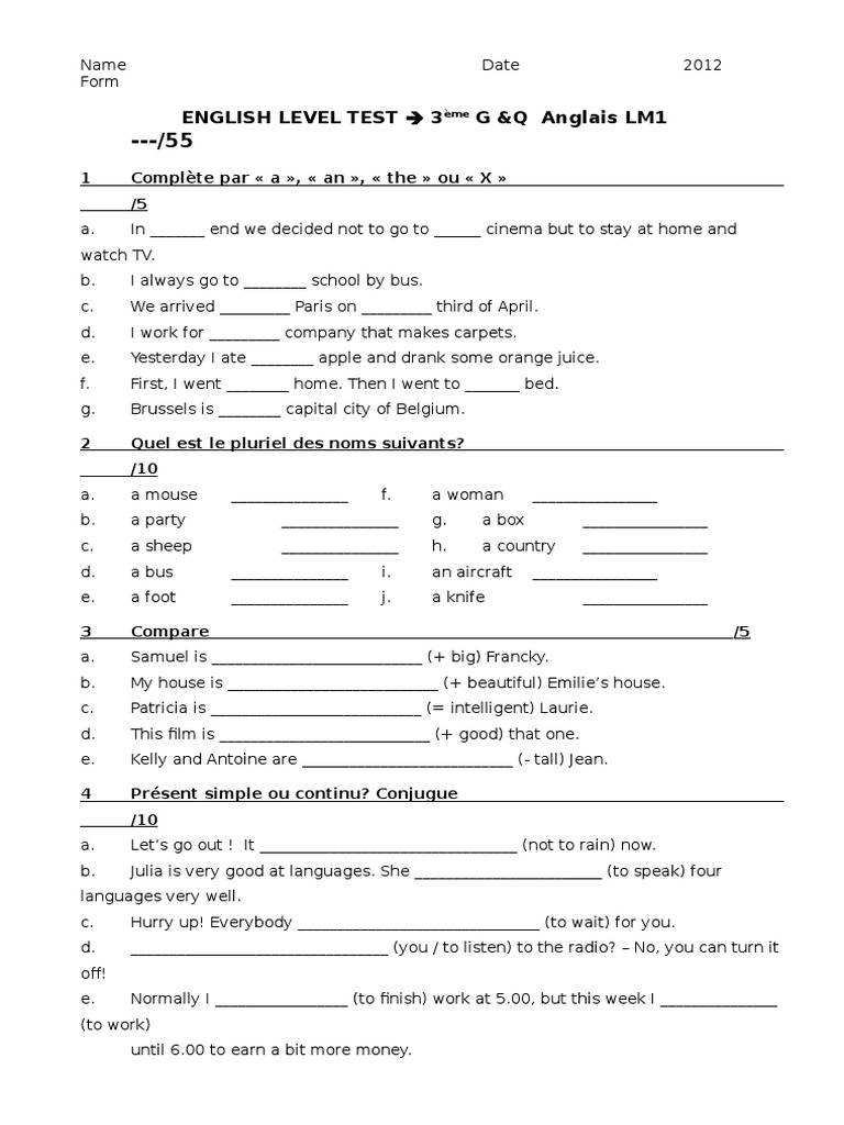 English Level Test - 3eme LM1 - Anglais | PDF