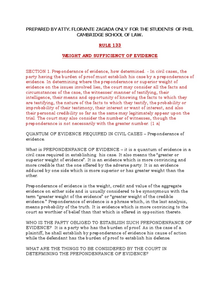 Rule 133 Weight and Sufficiency of Evidence | PDF | Burden Of Proof ...