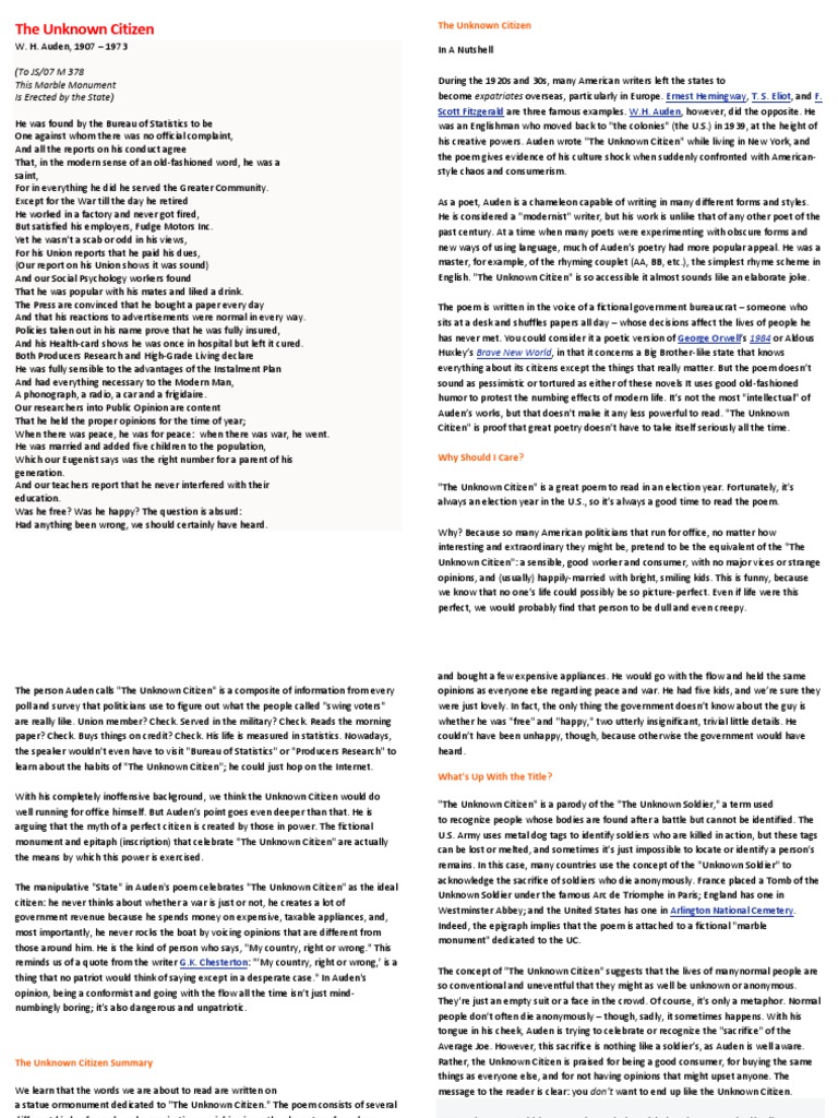 The Unknown Citizen | Poetry | Fiction & Literature