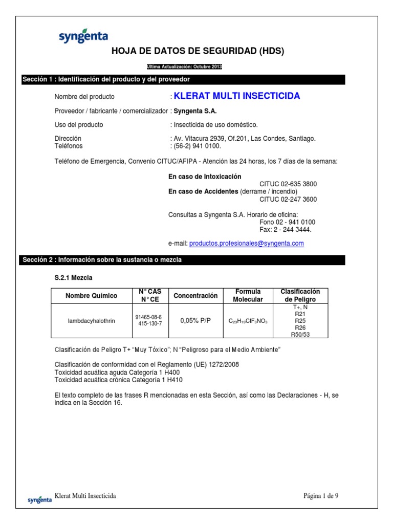 Hoja de Seguridad Classe 9 | Descargar gratis PDF | Residuos | Toxicidad