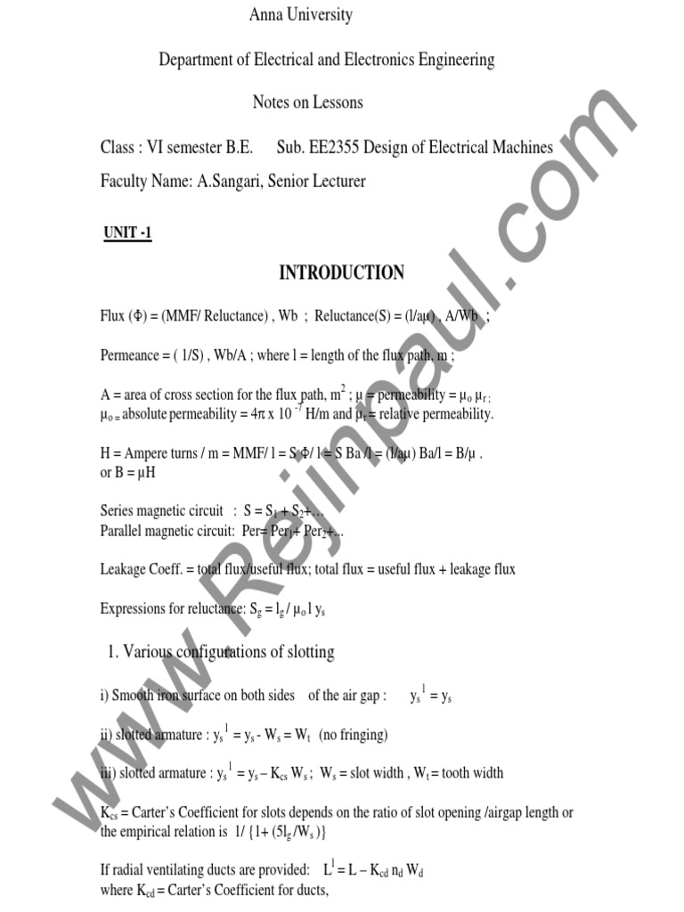 Design of Electrical Machines Notes | PDF