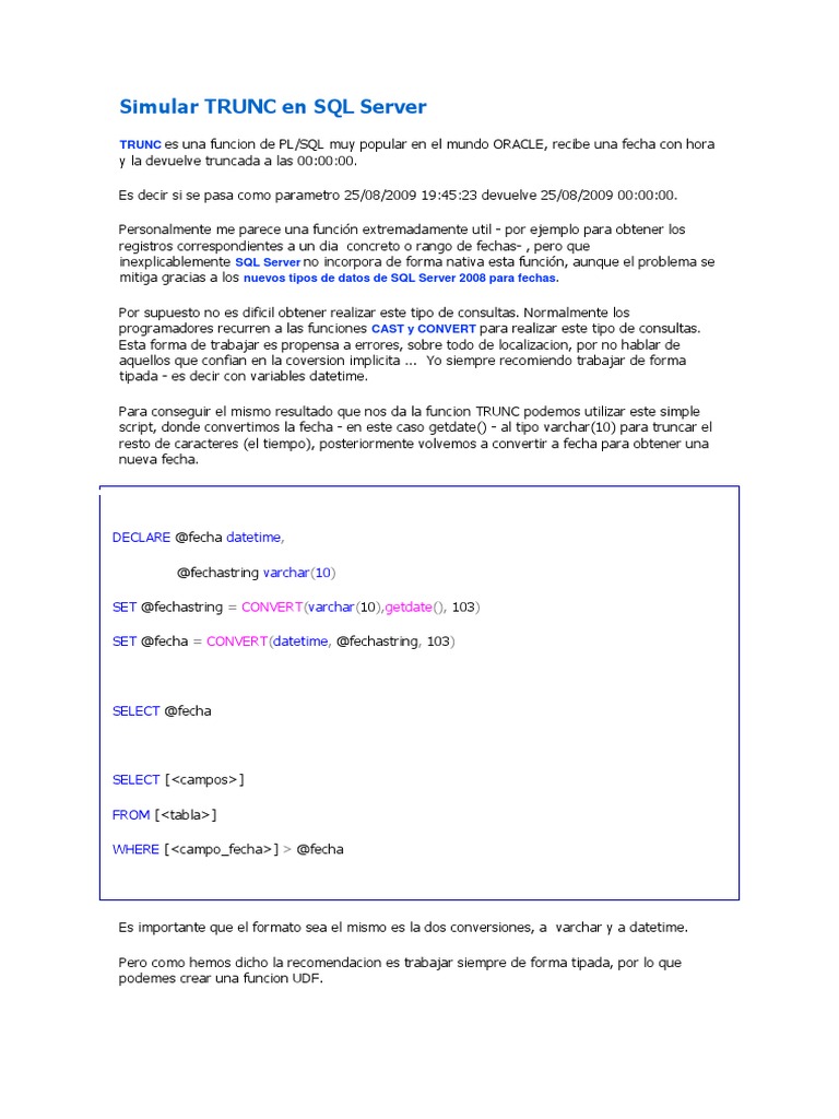 Simulando la función TRUNC en SQL Server para truncar fechas y horas a ...
