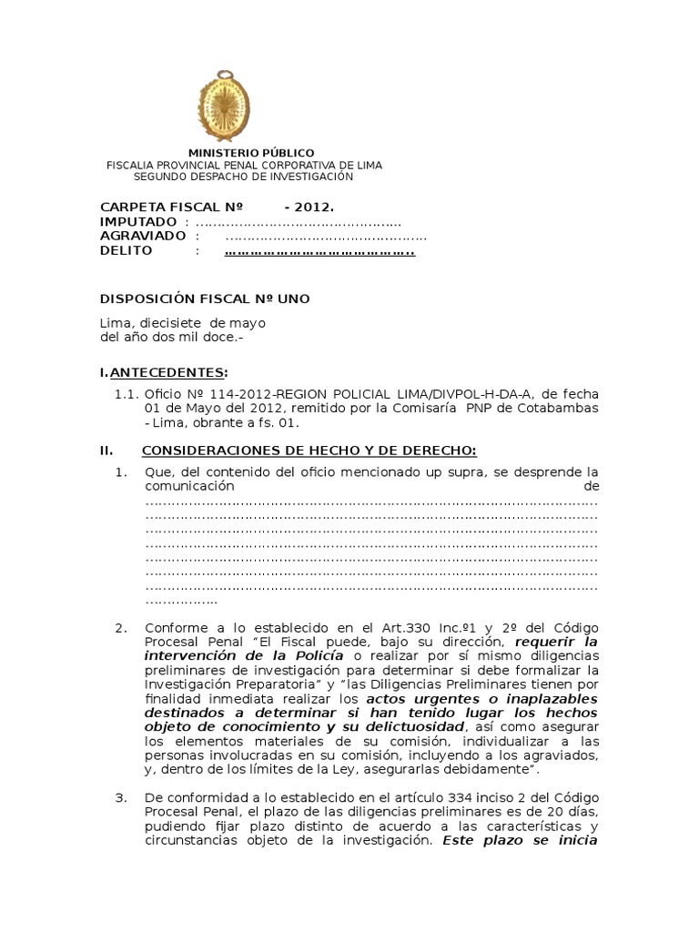 Modelo Inicio Diligencias Preliminares Formalizacion | PDF | Fiscal | Derecho penal