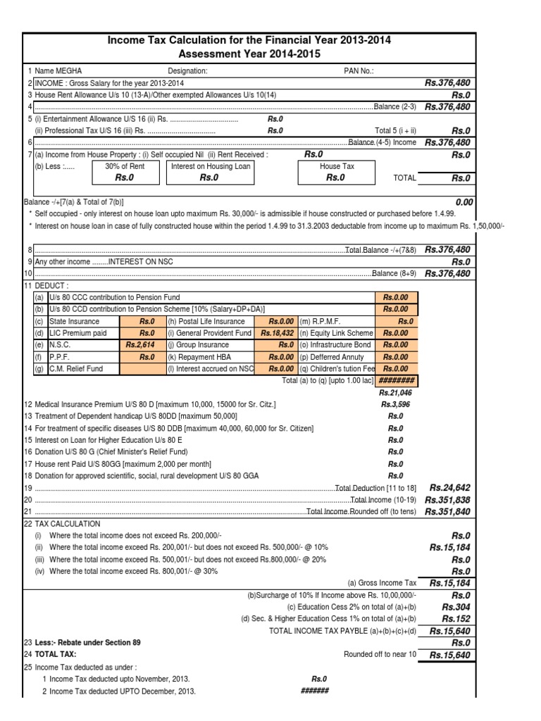 Income Tax Calculation For The Financial Year 2013-2014 Assessment Year ...
