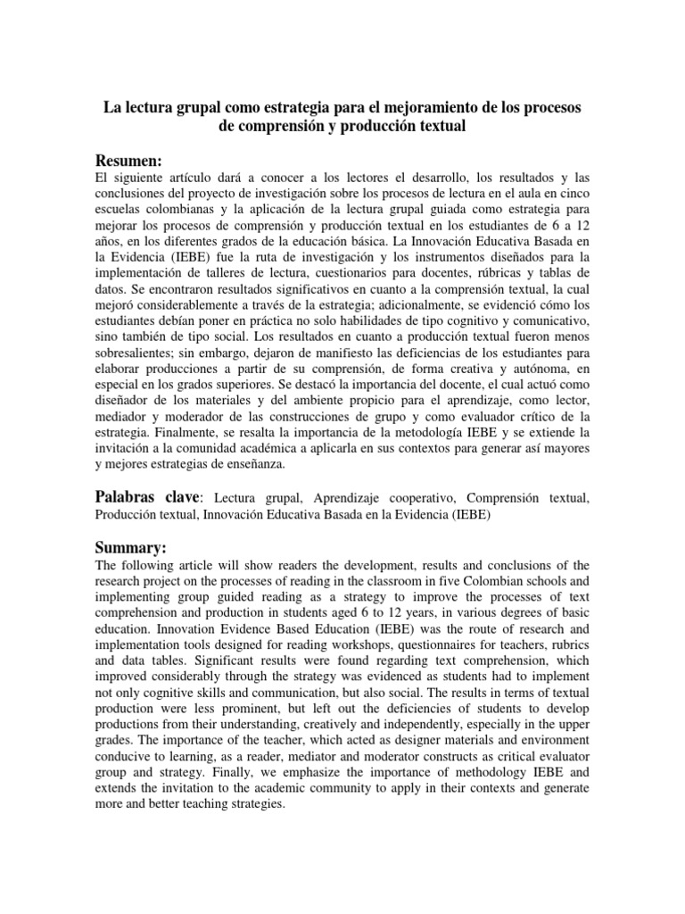 La Lectura Grupal Como Estrategia para El Mejoramiento de Los Procesos ...