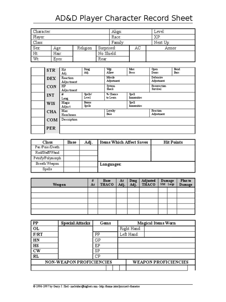 AD&D Character Record Sheet Template | PDF