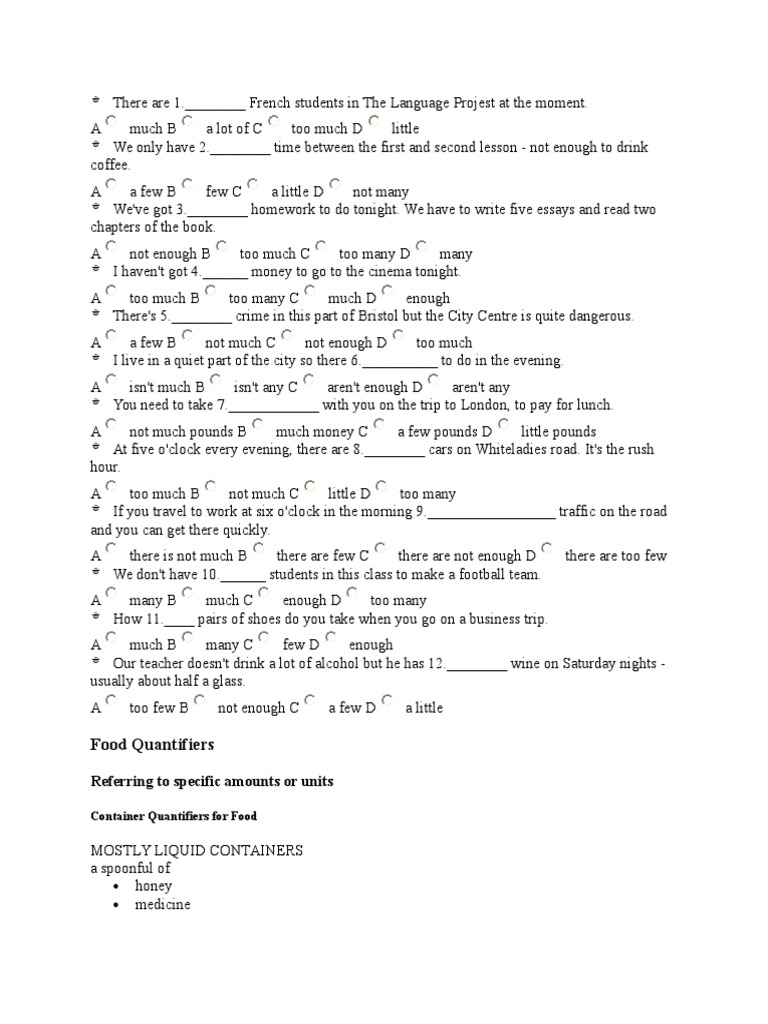 Food Quantifiers: Referring To Specific Amounts or Units | PDF | Foods ...