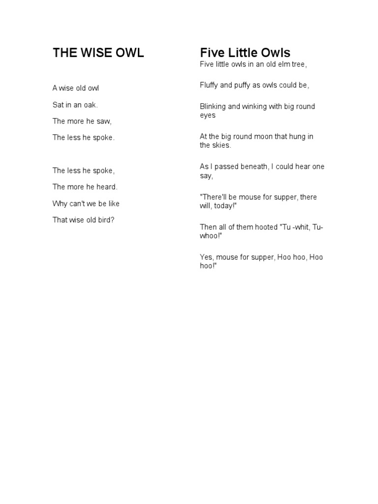 The Wise Owl Five Little Owls | PDF | Nature