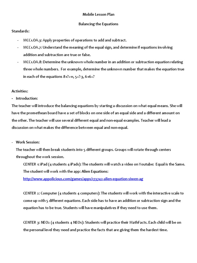Mobile Lesson Plan Balancing The Equations Standards | PDF | Equations ...