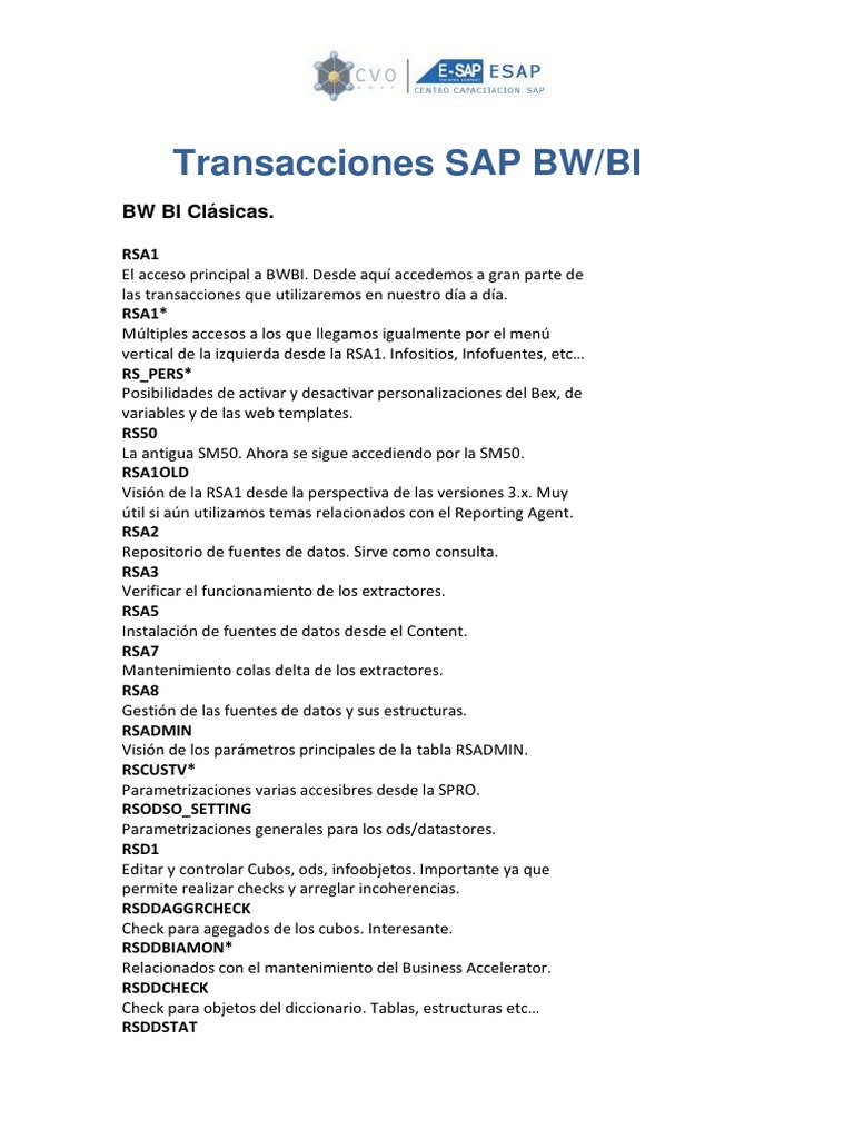 Transacciones Clave en SAP BW/BI | PDF | Programación de computadoras ...