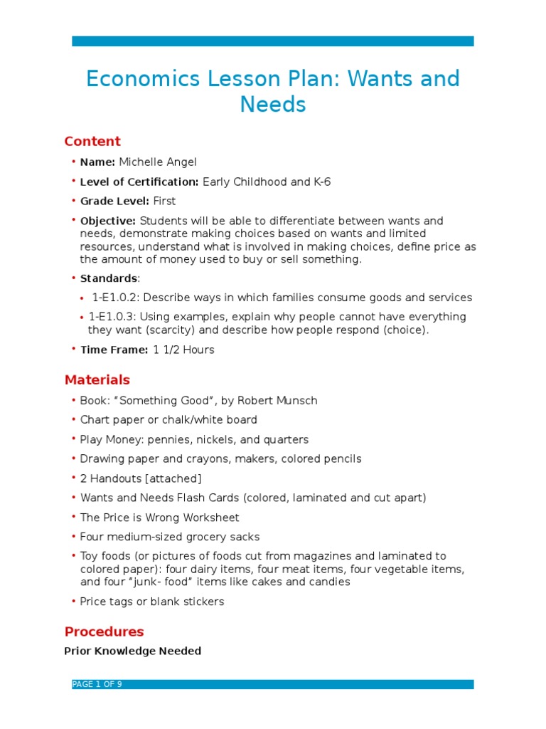 Economics Lesson Plan: Wants and Needs: Content | PDF | Foods | Business