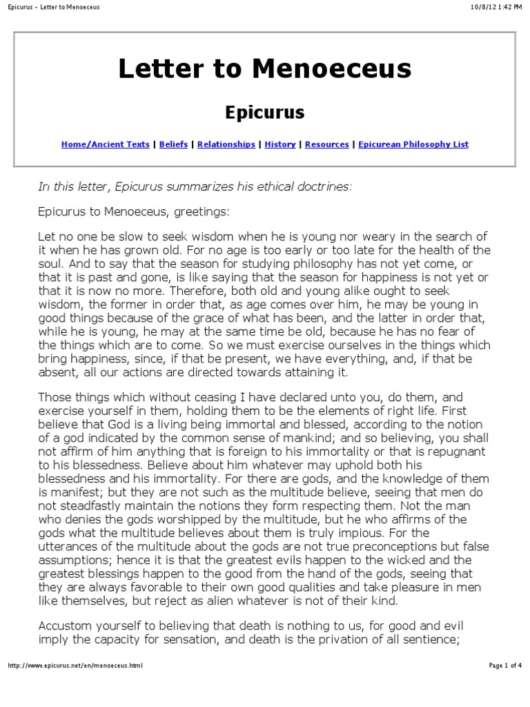 Epicurus - Letter To Menoeceus | PDF | Pleasure | Metaphysics
