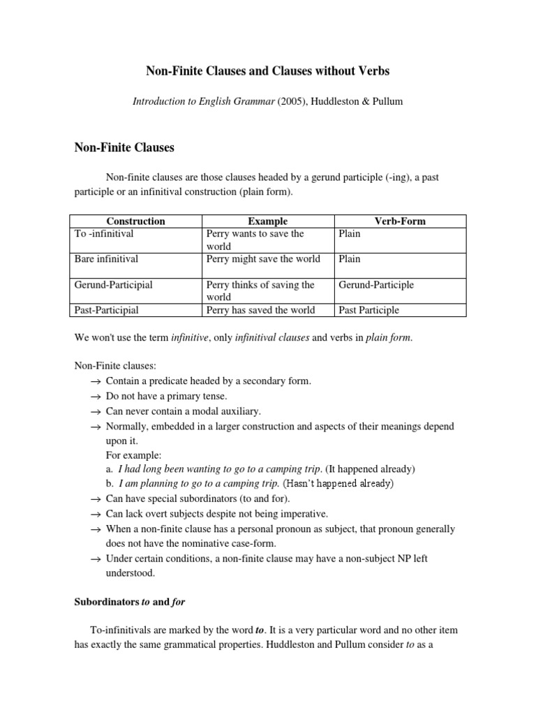 Non-Finite Clauses - Summary | Clause | Subject (Grammar)