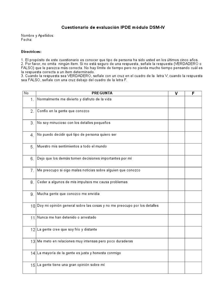 Cuestionario Evaluación IPDE DSM-IV | PDF | Sicología | Medicina