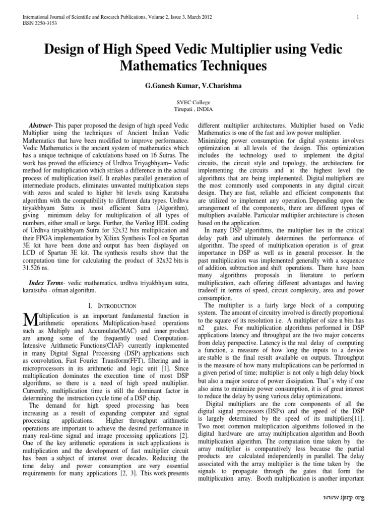Design of High Speed Vedic Multiplier Using Vedic Mathematics Techniques | PDF | Digital Signal ...