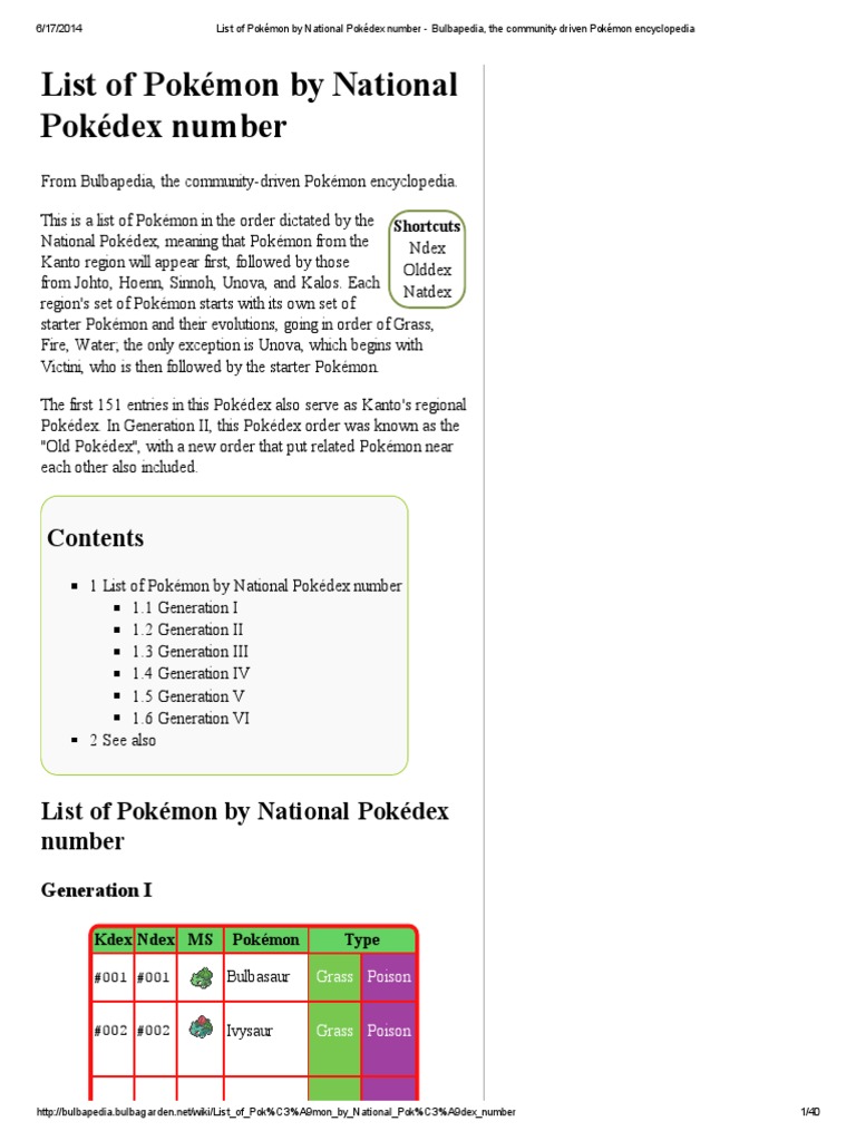 List of Pokémon by National Pokédex Number - Bulbapedia, The Community ...