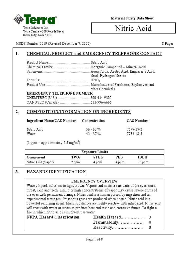 Nitric Acid MSDS | Download Free PDF | Nitric Acid | Dangerous Goods