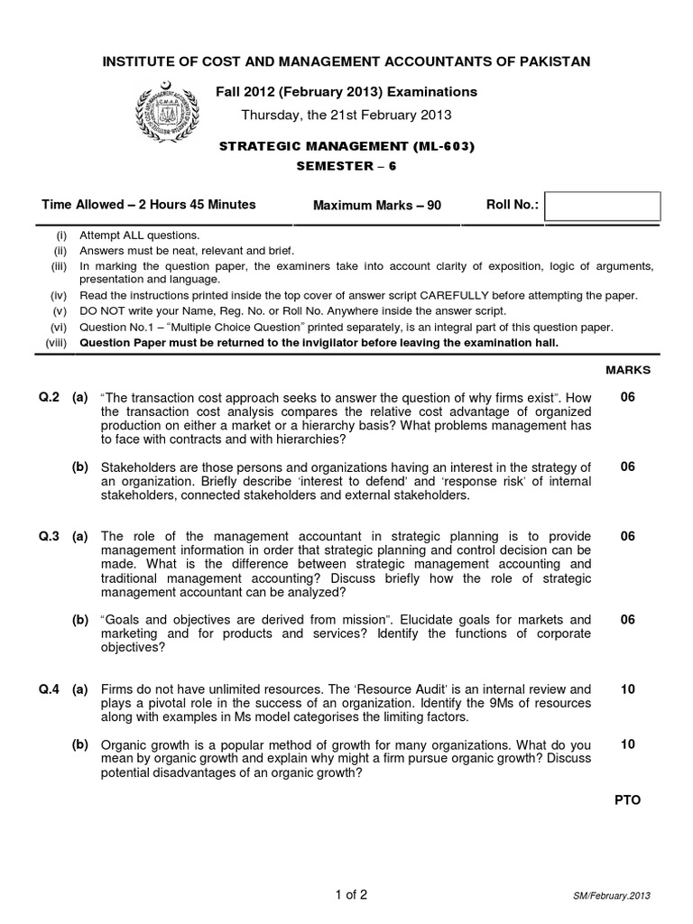 Icap Question Paper | PDF | Strategic Management | Risk