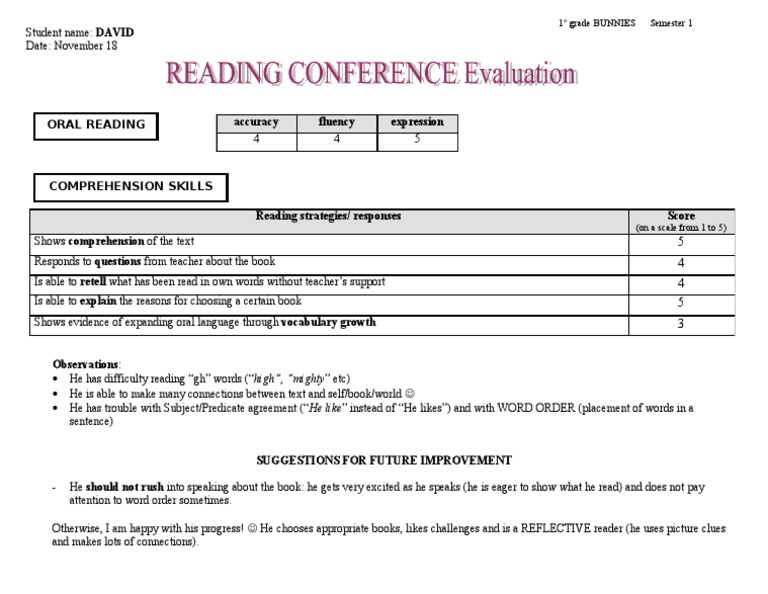 Reading Conferences - Evaluation | PDF | Language Arts & Discipline