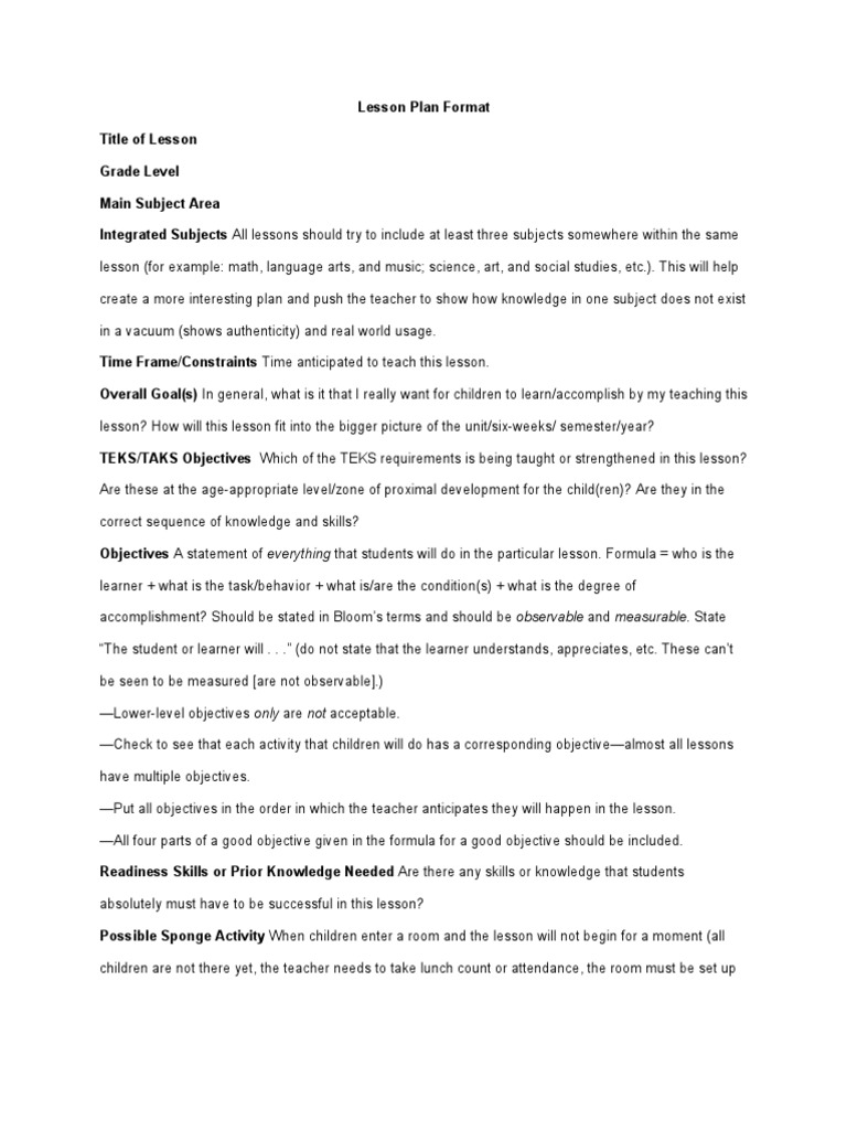 Long Lesson Plan Format | Download Free PDF | Rubric (Academic) | Teachers