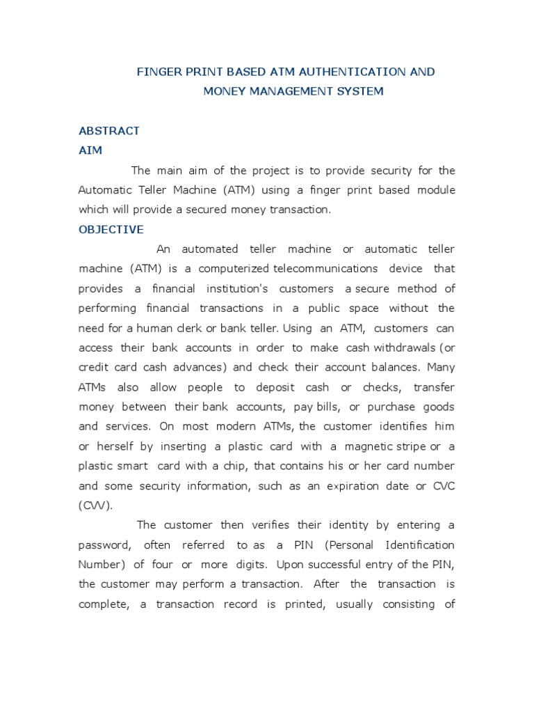 Finger Print Based Atm Authentication and | PDF | Automated Teller Machine | Office Equipment