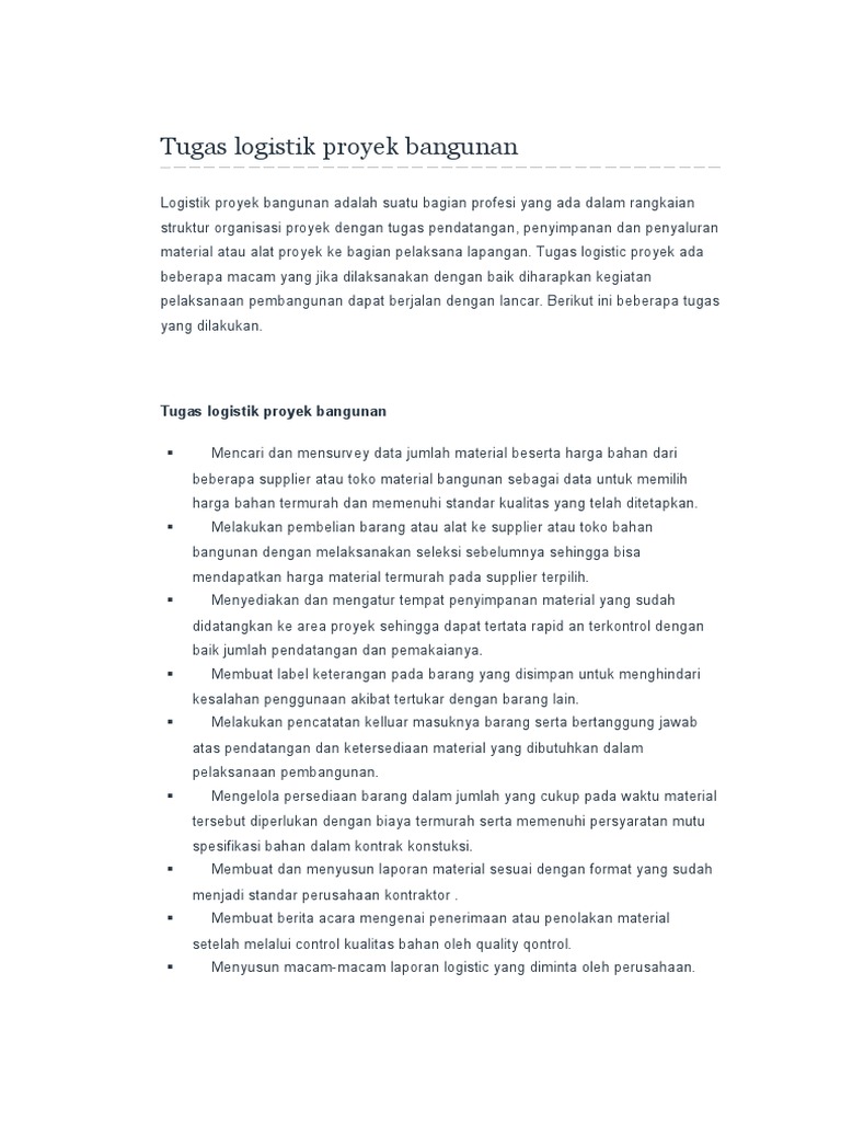 Tugas Logistik Proyek Bangunan | PDF | Teknologi & Rekayasa