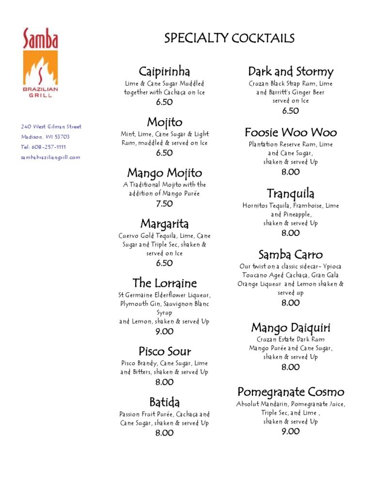 Samba Brazilian Grill Speciality Drinks Menu | PDF | Ale | Beer