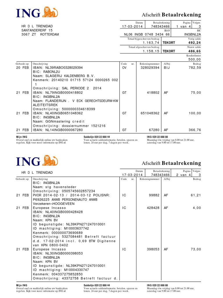 ING - Afschrift Betaalrekening NL06 INGB 0748 3434 66 - 2014 - 003 | PDF