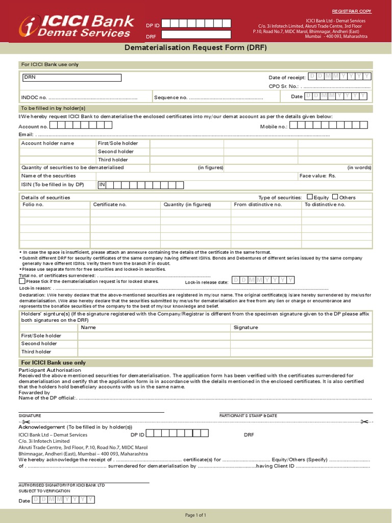 Dematerialisation Request Form Only for NRI | Securities (Finance ...