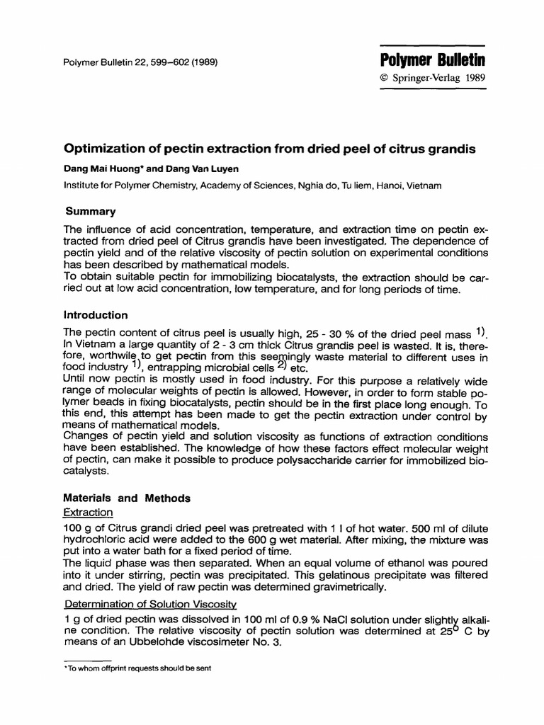 Polymer Bulletin: Optimization of Pectin Extraction From Dried Peel of ...