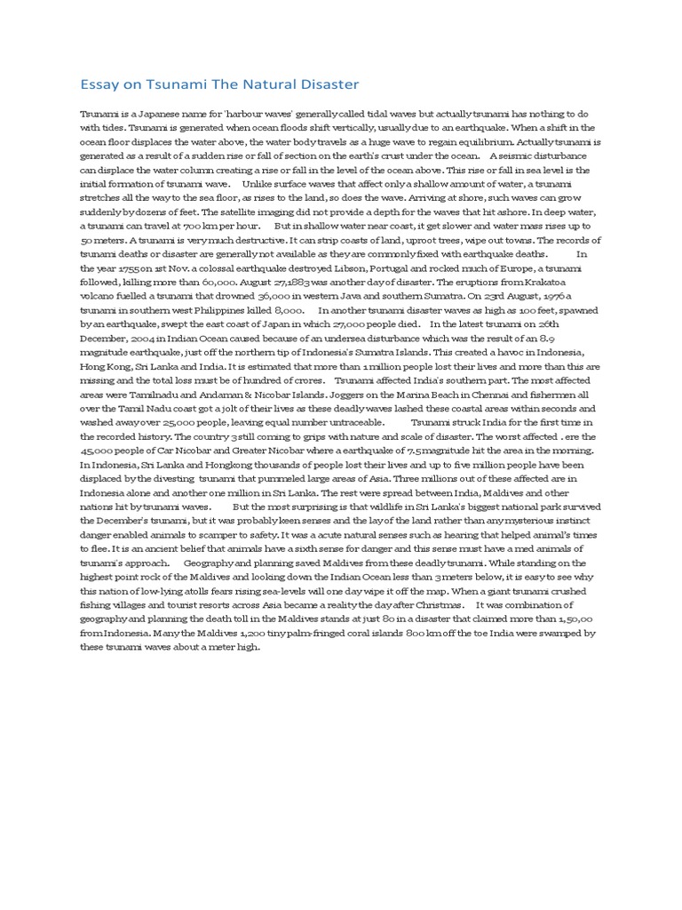 Essay On Tsunami The Natural Disaster | PDF | Tsunami | Natural Disasters