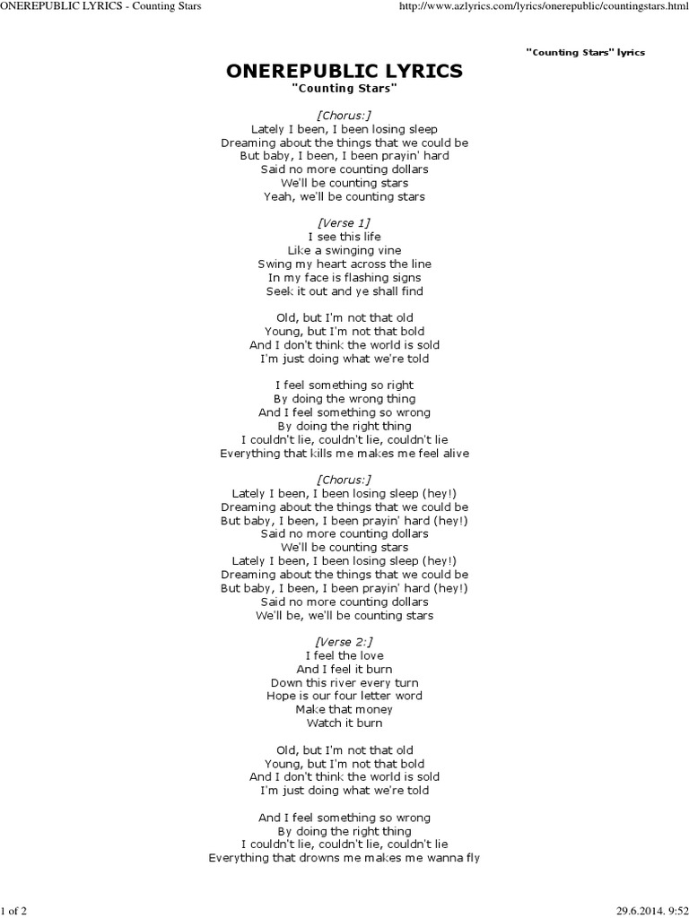 Onerepublic Lyrics - Counting Stars | PDF | Songs | Musical Compositions