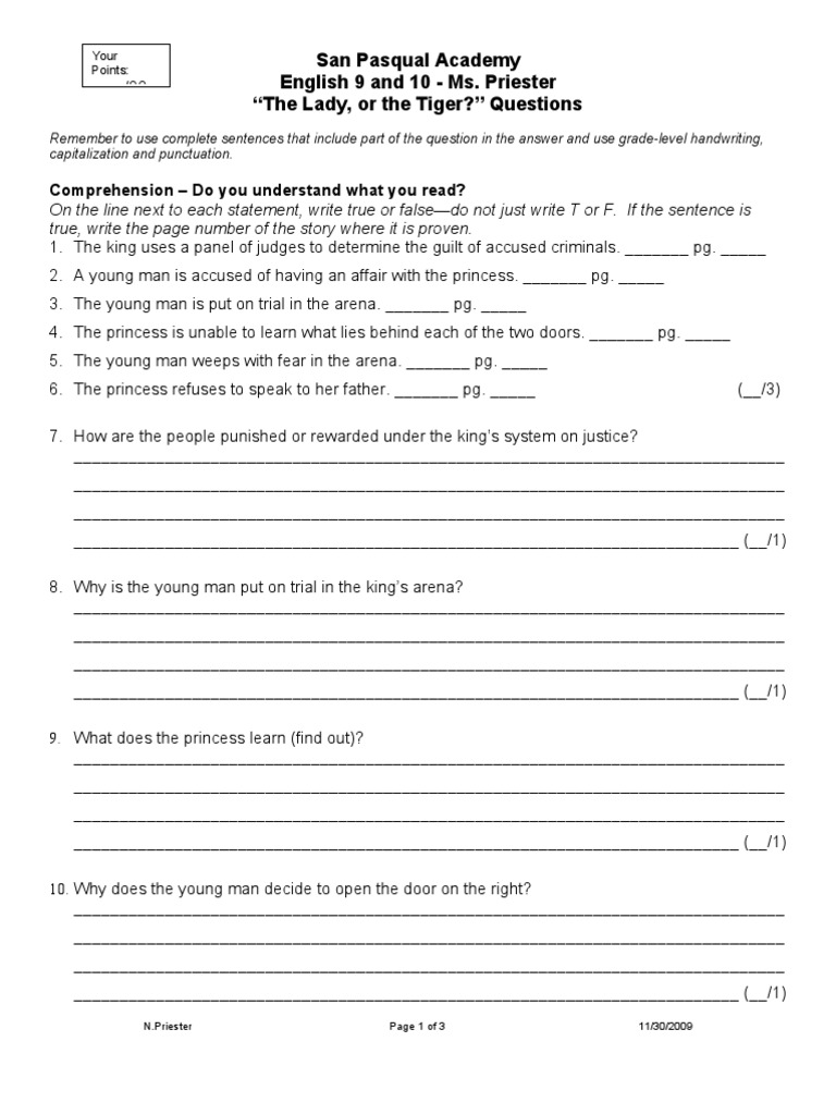 "Questions on 'The Lady or the Tiger'" | PDF | Irony | Psychological ...